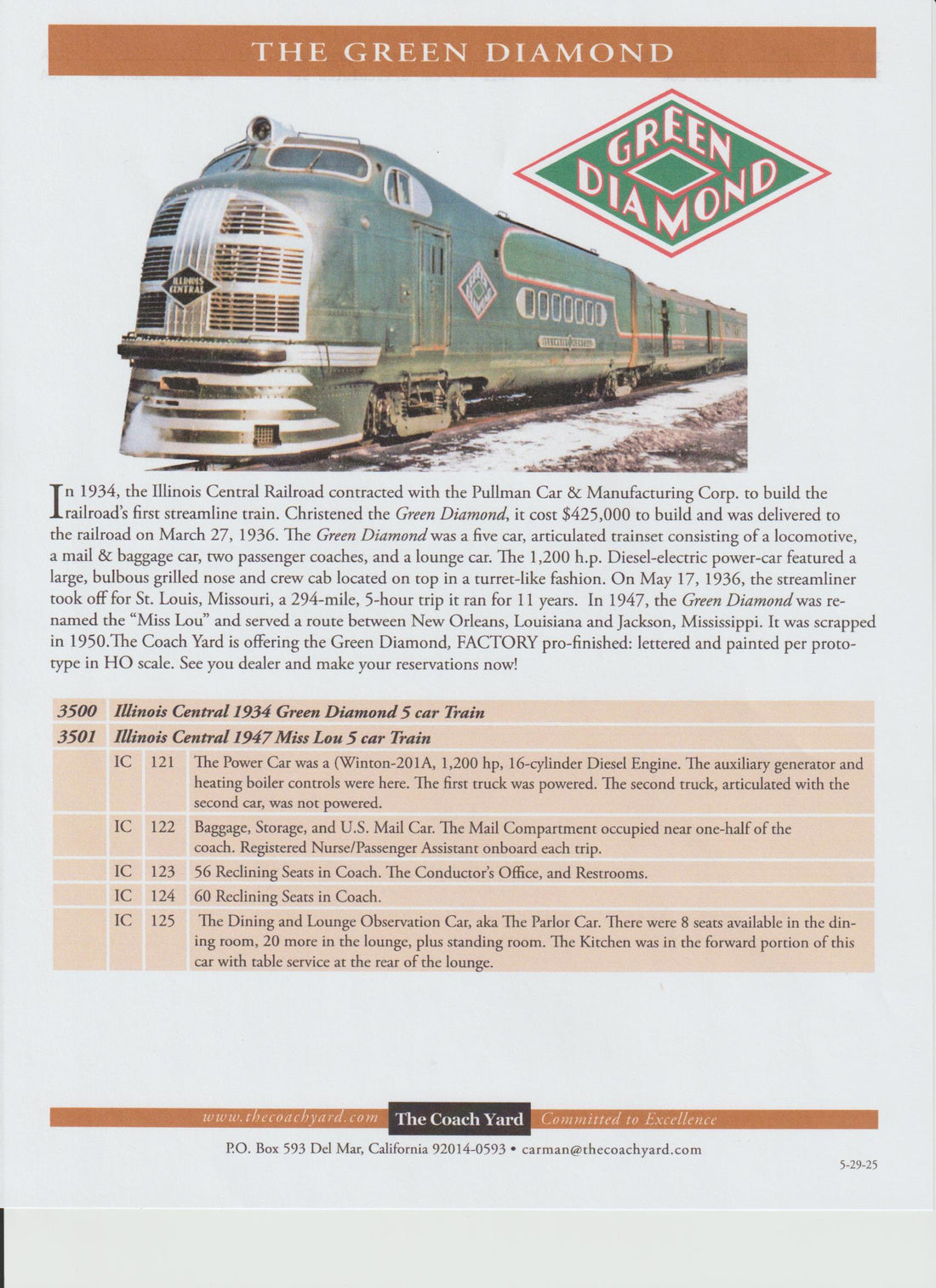 CY-3500/3501 Coach Yard Illinois Central "Green Diamond" 1934 & 1947 5 ...